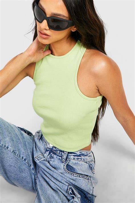 Lime Rib Racer Neck Crop Top Boohoo Uk