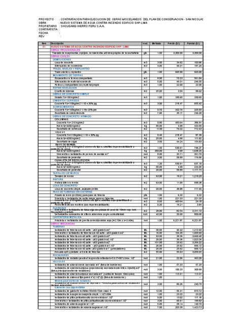 Ppto Nuevo Sistema De Agua Contra Incendio Edificio Shp Lima Pdf Hormigón Materiales De