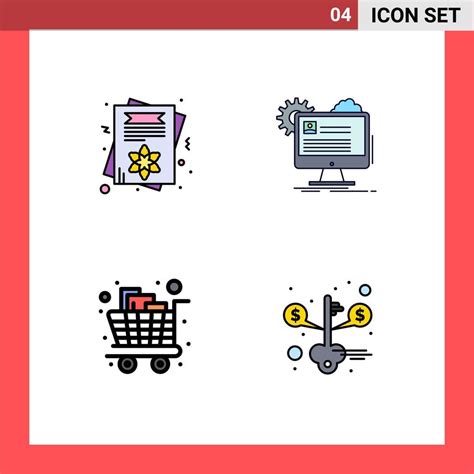 Modern Set Of 4 Filledline Flat Colors And Symbols Such As Card Cart