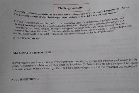 Activity 1 Direction Write The Null And Alternative Hypothesis Of