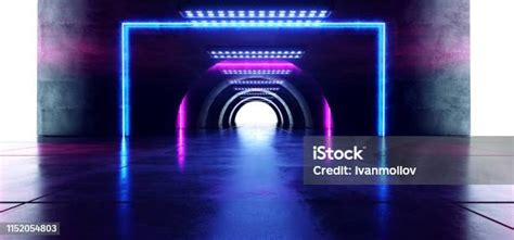미래 타원형 원형 네온 빛나는 보라색 파란색 사각형 모양의 레이저 빔 조명 콘크리트 그런 지 바닥 반사 터널 복도 어두운 입구 단계 3d 렌더링 0명에 대한 스톡 사진 및