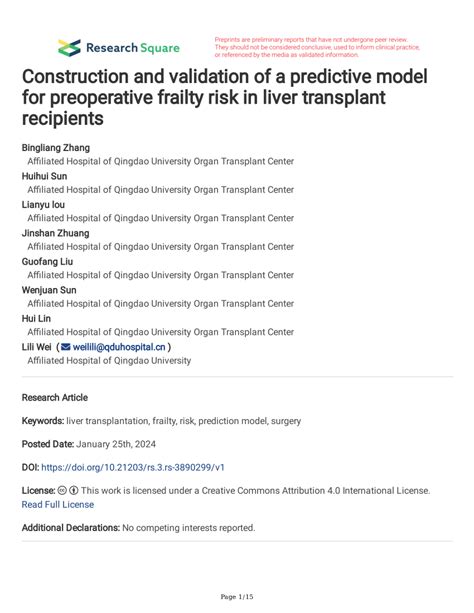 Pdf Construction And Validation Of A Predictive Model For Preoperative Frailty Risk In Liver