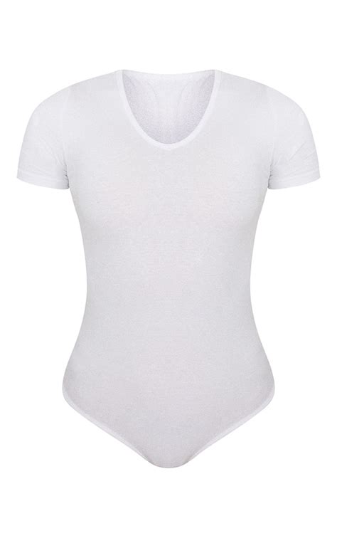 Basic White Cotton V Neck Short Sleeve Bodysuit Tops Prettylittlething