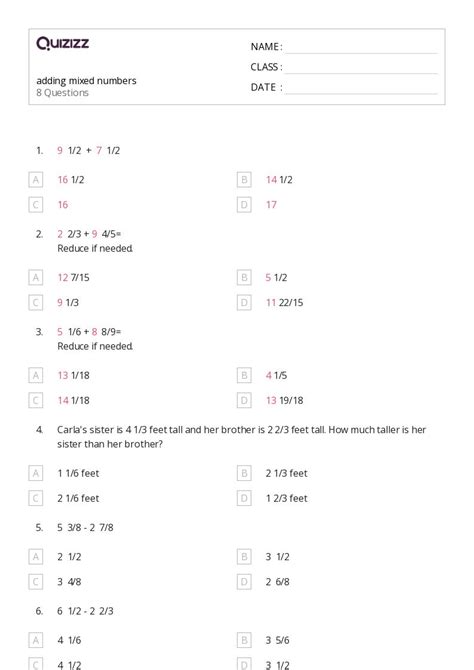 Adding Mixed Numbers Worksheets For Th Year On Quizizz Free