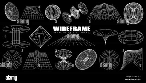 Wireframe Retro Futuristic Abstract Shapes Vector Set Of Geometrical