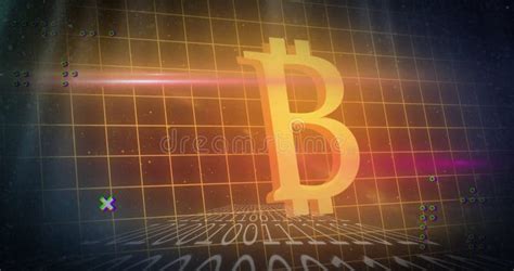 animation of grid pattern binary codes and bitcoin illuminated symbol