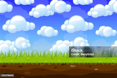 완벽 한 끝없는 요소 하늘 구름 및 잔디로 만든 게임 배경 2d 모바일 게임을 위한 벡터 자산 및 레이어 만화 스타일 게임 배경 2차 도형에 대한 스톡 벡터 아트 및 기타
