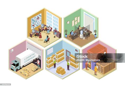 물류 회사 3d 아이소 메트릭 룸 개념 아이소메트리 그래픽 디자인 웹 배송 사무실에서 일하는 사람들 배송 프로세스 화물 운송 및 보관을 관리합니다 벡터 일러스트 레이 션 3