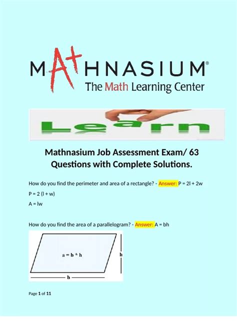 Mathnasium Job Assessment Exam 63 Questions With Complete Solutions