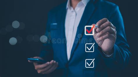 Checklist Concept Businessman Mark Checkboxes Survey Form Check