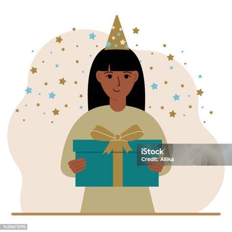 축제 모자를 쓴 여성이 활이 달린 큰 선물 상자를 들고 있습니다 놀라움에 대한 스톡 벡터 아트 및 기타 이미지 놀라움 디자인 벡터 Istock