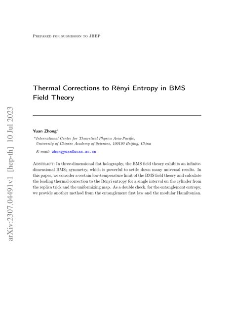 Pdf Thermal Corrections To R Enyi Entropy In Bms Field Theory