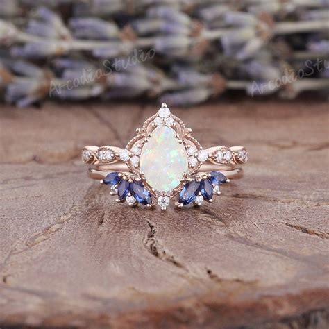Unique Teardrop Opal Engagement Ring Set Vintage Rose Gold Floral