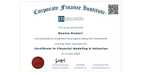 Certificate In Financial Modeling And Valuation Issued By Cfi Education