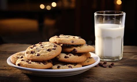 A Plate Of Chocolate Chip Cookies Next To A Glass Of Milk Stock