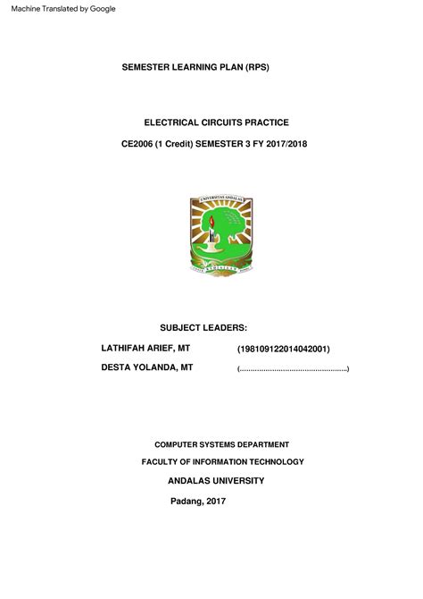 Semester Learning Plan Praktikum Rangkaian Listrik Electrical