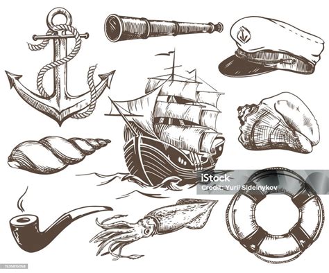 바다 어부의 삶의 요소 밧줄 선장의 모자 흡연 파이프 구명 부표 오징어 망원경 범선 조개로 닻을 내리십시오 빈티지 스타일의 벡터 그림 조각 효과 로고에 대한 스톡 벡터 아트