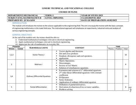 Course Outline Engineering Mathematics Ii Dep M 2023 Page 1 Limuru Technical And Vocational