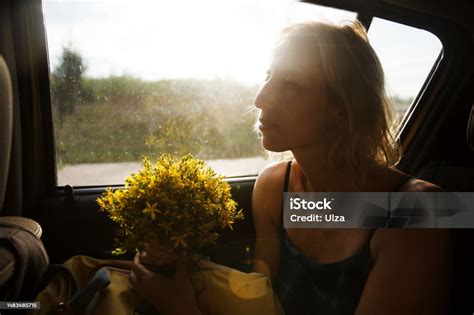 노란 향기로운 약초 꽃다발을 들고 여름 저녁에 자연의 집에서 차를 몰고 있는 중년 여성 작은 것들을 즐기는 것 여름에는 자연 속에서 시간을 보낸다 45 49세에 대한 스톡