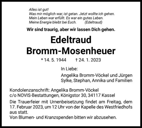 Traueranzeigen Von Edeltraud Bromm Mosenheuer Trauer HNA De