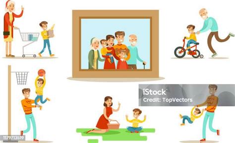 행복한 가족 초상화 조부모 부모와 자녀가 함께 좋은 시간을 보내고 세트 플랫 벡터 일러스트 아버지에 대한 스톡 벡터 아트 및