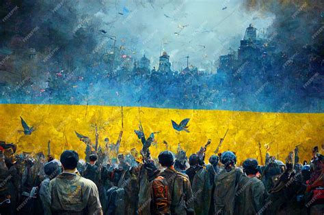 Картина с изображением людей держащих флаги с надписью «украина
