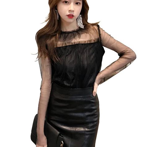 Korean Fashion See Throught Basic T Shirt Women Long Sleeve Ruffle