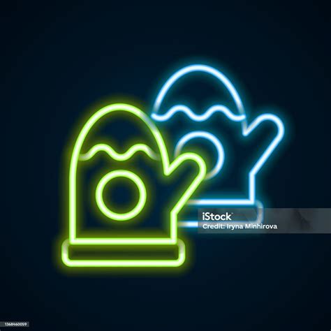 검은 배경에 고립 된 니트 크리스마스 장갑 아이콘의 빛나는 네온 라인 쌍 미텐 아이콘 메리 크리스마스와 새해 복 많은 새해 다채로운 개요 개념 벡터 0명에 대한 스톡 벡터