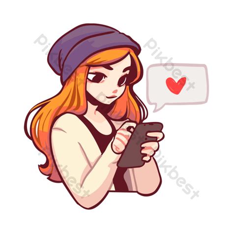 ภาพสาวการ์ตูนน่ารักกับภาพประกอบไอคอนข้อความรัก เทมเพลต แบบ Psd ดาวน์