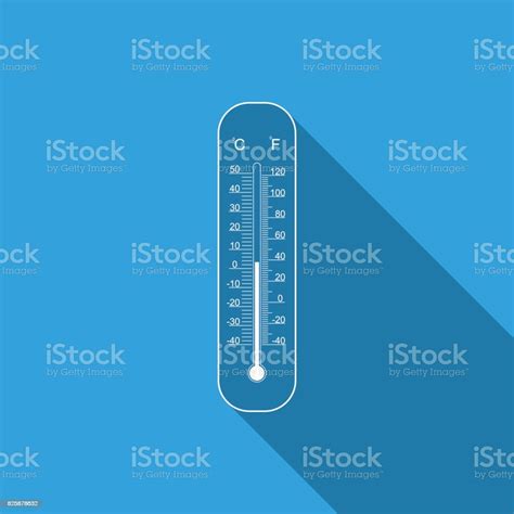 섭씨와 화씨 기상학 온도계 측정 열 및 긴 그림자와 차가운 플랫 아이콘 뜨거운 또는 차가운 날씨를 보여주는 온도계 장비 벡터