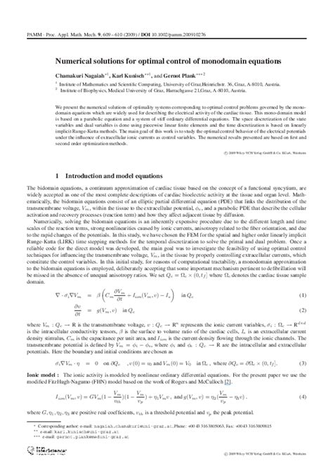 Pdf Numerical Solutions For Optimal Control Of Monodomain Equations In Cardiac Electrophysiology