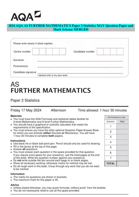AQA AS FURTHER MATHEMATICS Paper Statistics MAY Question Paper And Mark Scheme MERGED
