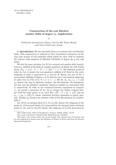 Pdf Construction Of The Real Dihedral Number Fields Of Degree 2p Applications
