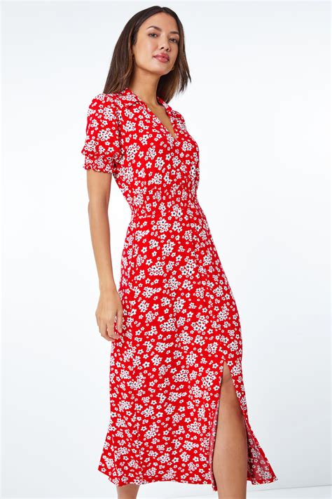 Ditsy Floral Print Fit Flare Dress In Red Roman Originals UK