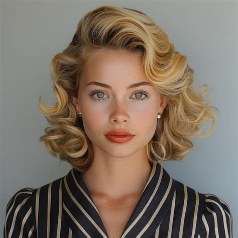 A Woman With Blonde Hair And A Black And White Striped Shirt Premium