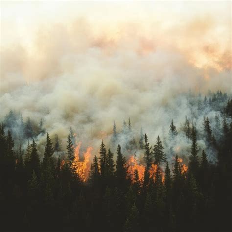 A Forest Fire Burns With Flames And Smoke Rising Into The Sky Premium