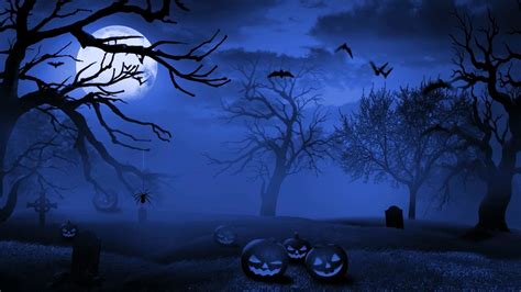 1080p Bat Blue Night Moon Halloween Graveyard Spider Jack O