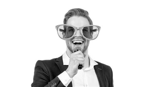 Premium Photo Portrait Of Happy Man In Formalwear And Funny Glasses Sing Song To Microphone