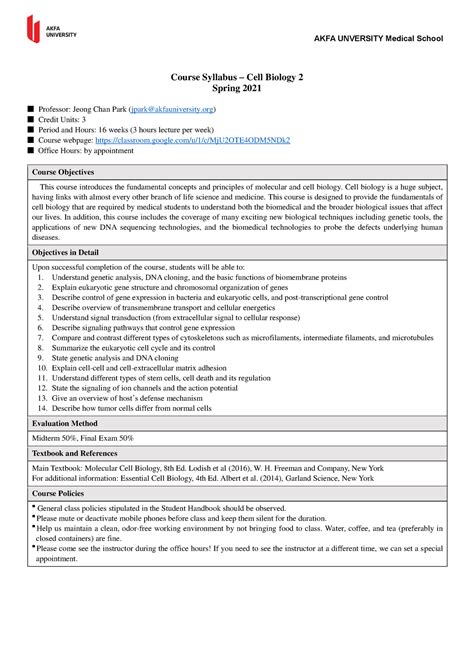 Spring Syllabus Cell Biology Final AKFA UNVERSITY Medical School Course Syllabus
