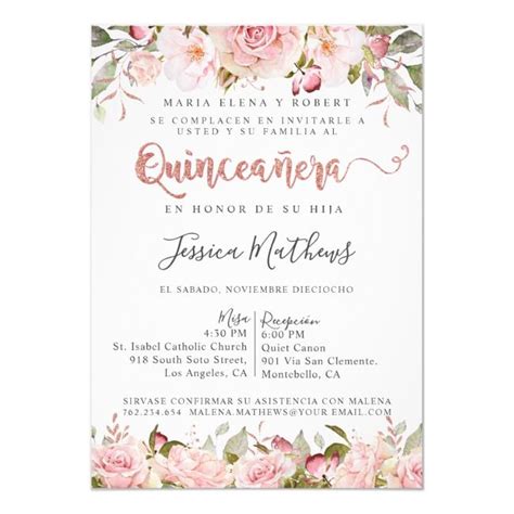 Spanish Blush Pink Floral Rose Gold Quincea Era Invitation Gold Rose Quincea Floral