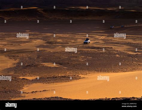 Car Crossing The Sahara Desert Tassili N Ajjer National Park Tadrart