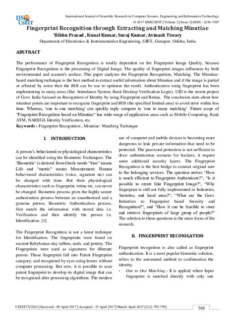 Pdf Fingerprint Recognition Through Extracting And Matching Minutiae