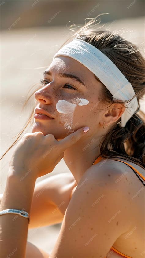 Premium Photo A Woman Is Seated On The Sandy Beach Applying Sunscreen