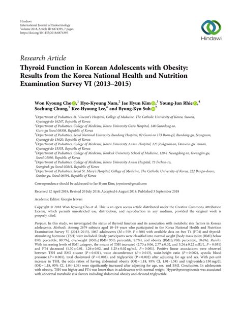 Pdf Thyroid Function In Korean Adolescents With Obesity Results From The Korea National