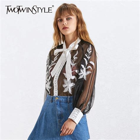 Twotwinstyle прозрачные топы с цветочной вышивкой с длинным рукавом фонариком женская
