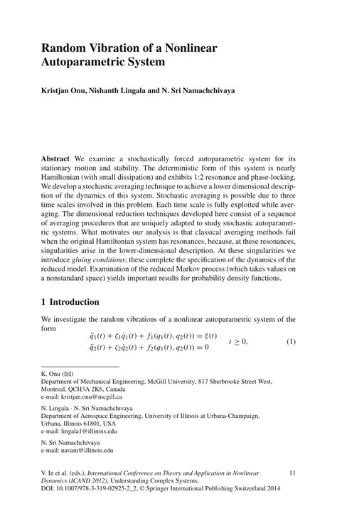 Pdf Random Vibration Of A Nonlinear Autoparametric System
