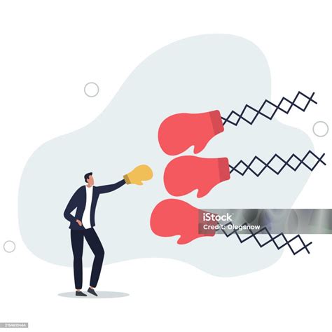 권투 글러브를 가진 사업가가 많은 Opponentsflat 벡터 일러스트 레이 션과 싸우고 있습니다 충돌 개념에 대한 스톡 벡터
