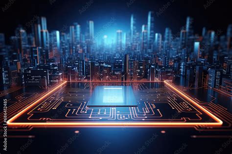 Circuit Board Technology Microchip Processor Circuit On Dark Blue Background Information