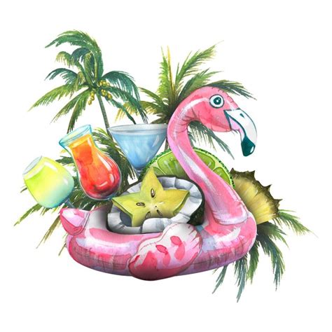 핑크 플라밍고 칵테일 야자수와 과일이 있는 비치 바 수채화 그림 인쇄물 디자인 및 장식용 구성 메뉴 스티커 엽서 포스터 광고 광고 프리미엄 사진