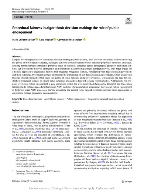 Pdf Procedural Fairness In Algorithmic Decision Making The Role Of Public Engagement